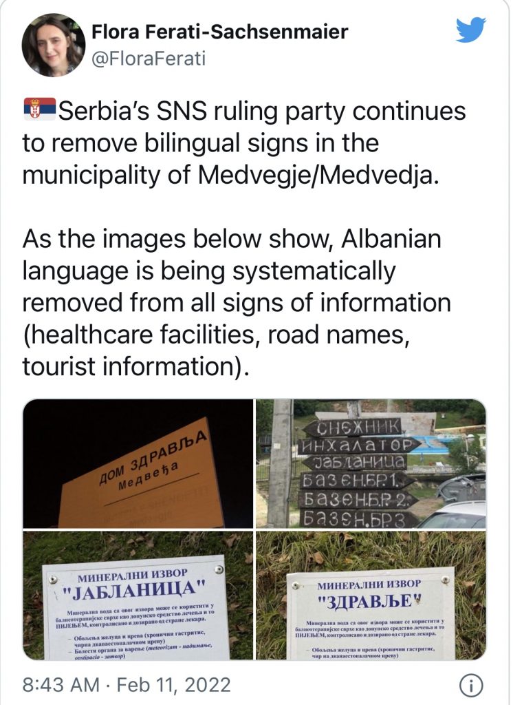 Pushteti serb në Medvegjë fshin emërtimet në gjuhën shqipe nga tabelat ...