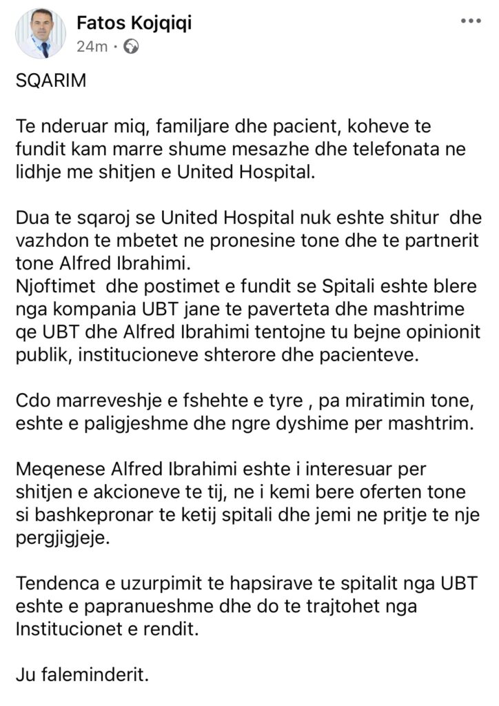 Ankohet njëri prej aksionarëve të "United Hospital", UBT po tenton t'i ...